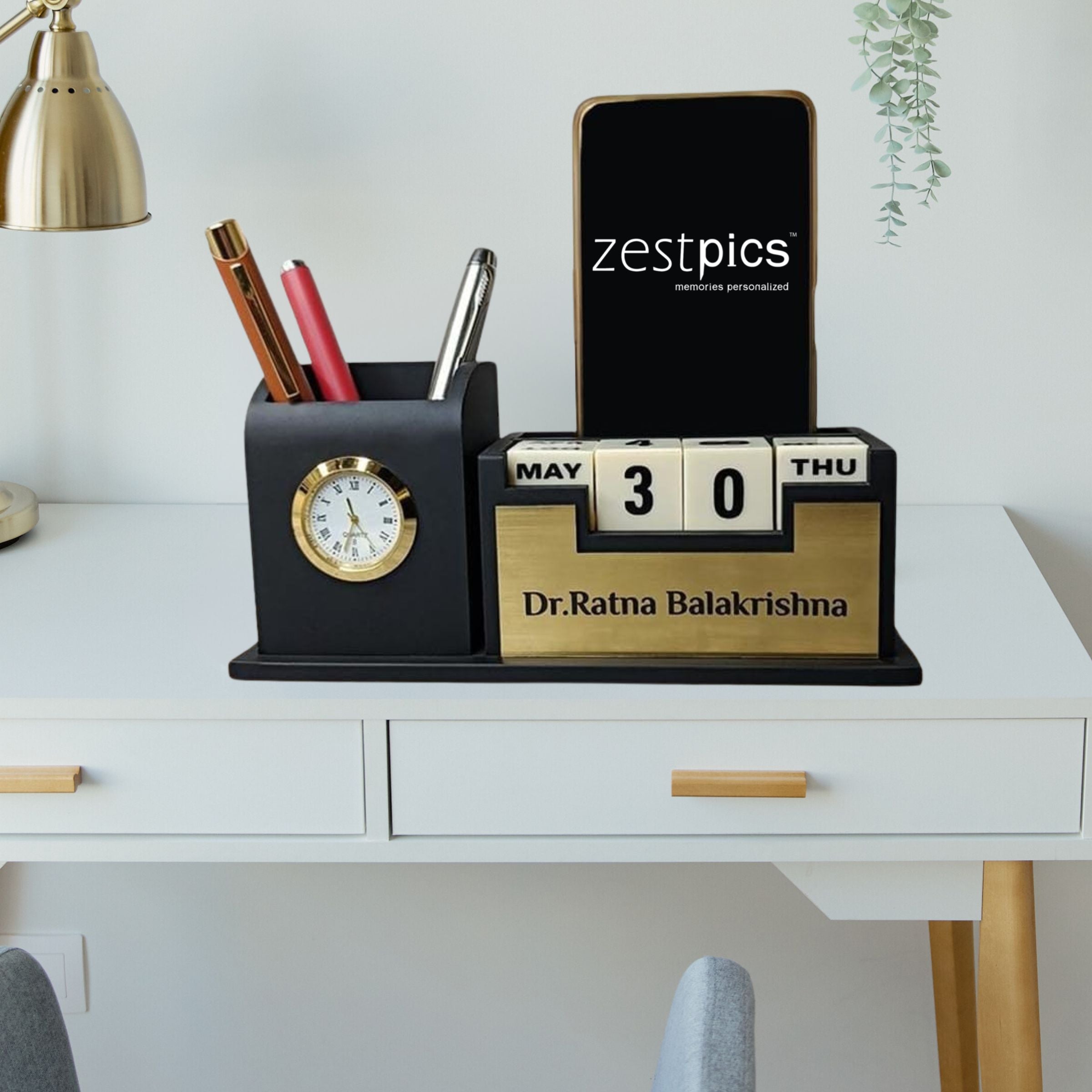 Personalized Wooden Tabletop Lifetime Calendar with Clock, Pen Holder ...